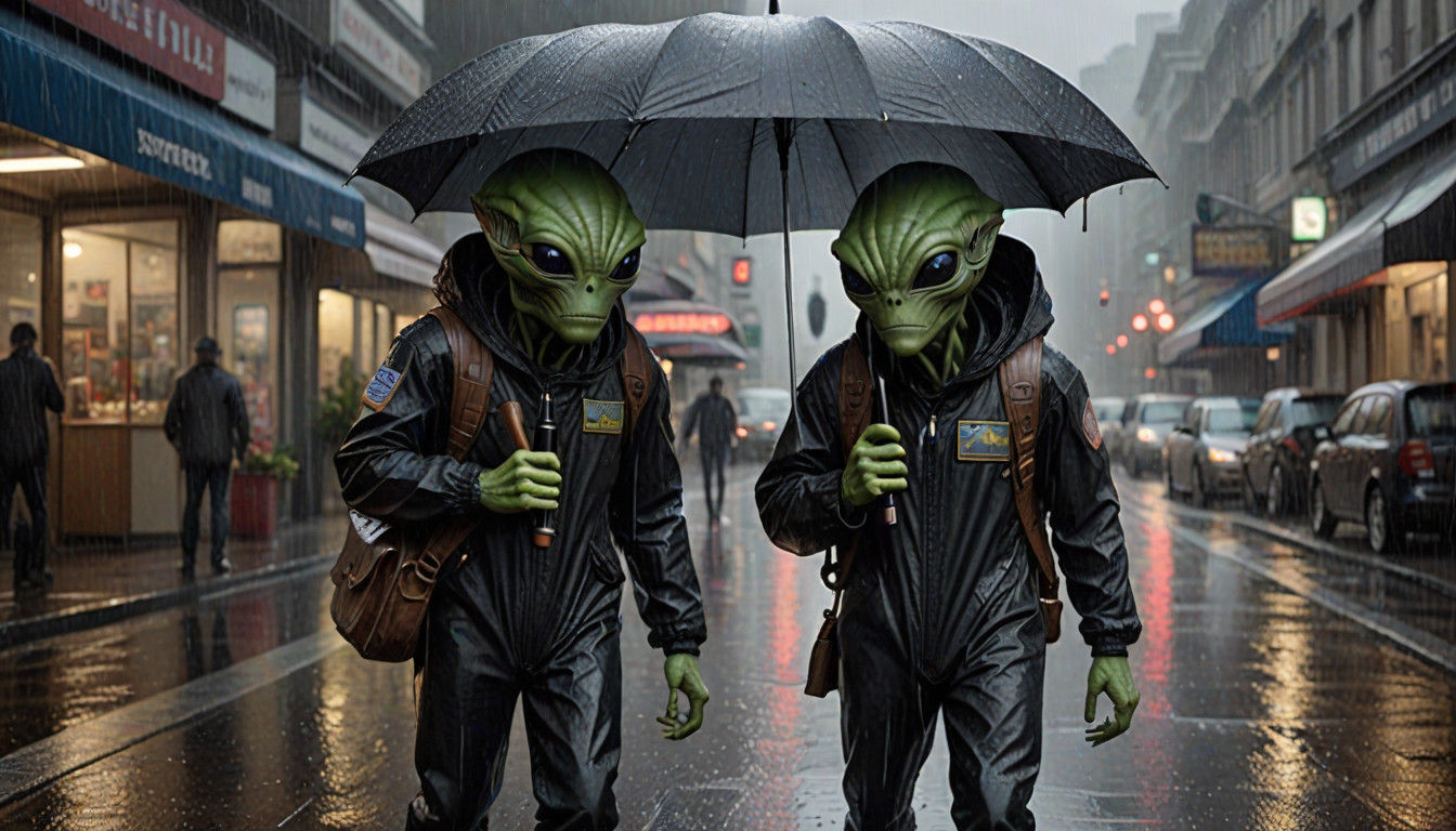 Two Aliens Under a Hyperrealistic Umbrella in Rain... - AI Art