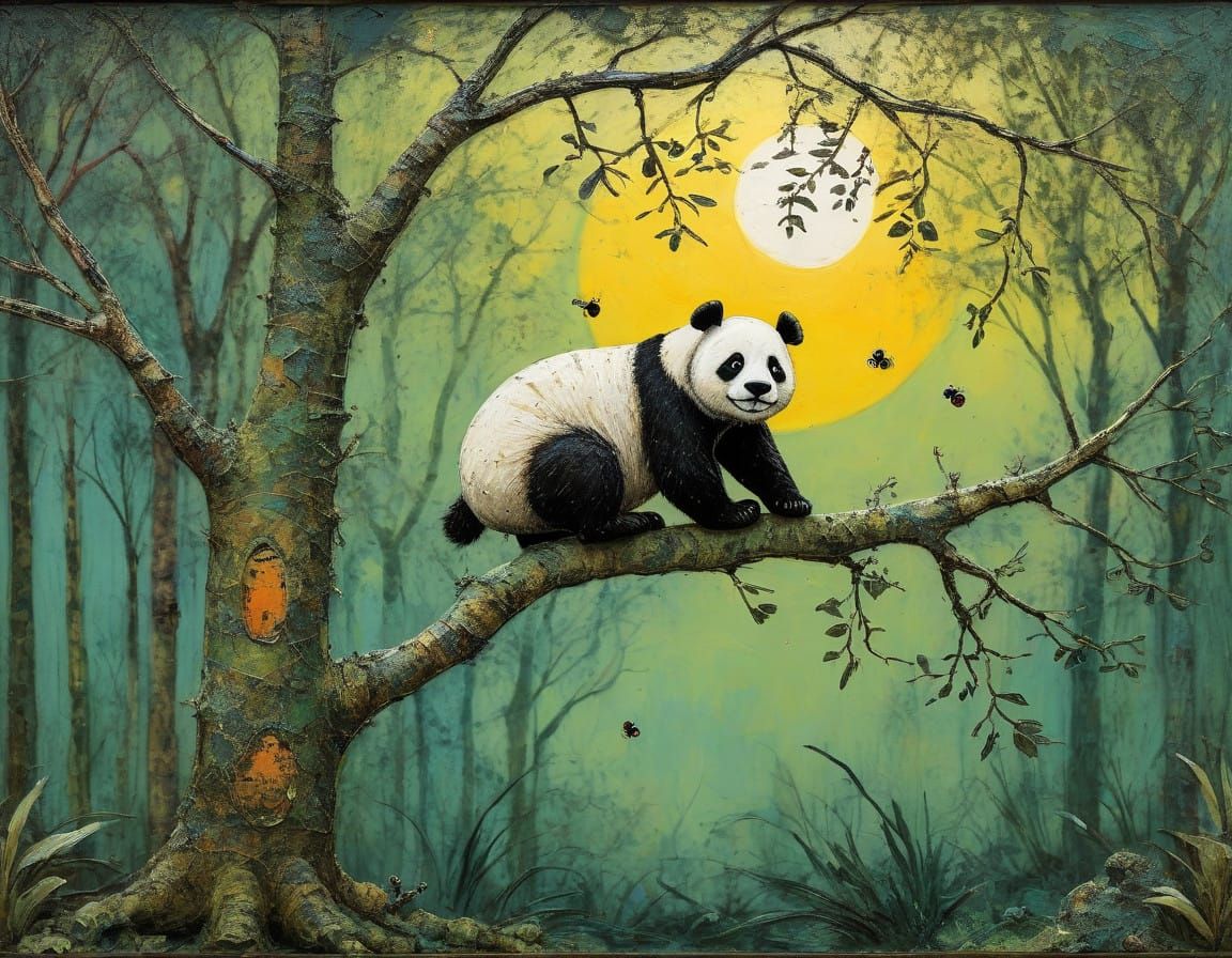 Panda Bear Watches Ladybug in Encaustic Jungle Sce... - AI Art