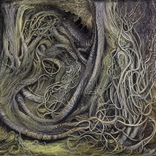 eldritch forest encounter, art by H.R. Giger and Yoshitaka Amano ...