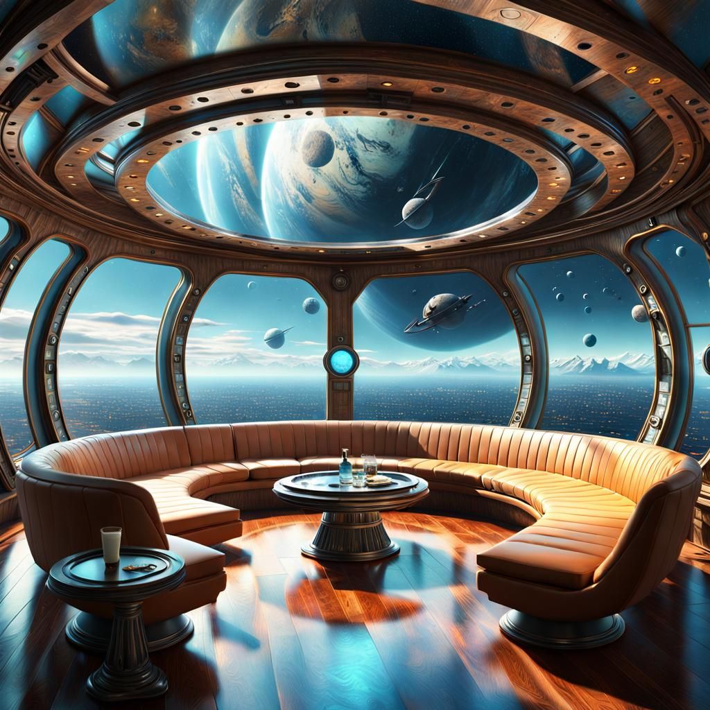 Interior of a spaceship/comfortable living room with portholes ...