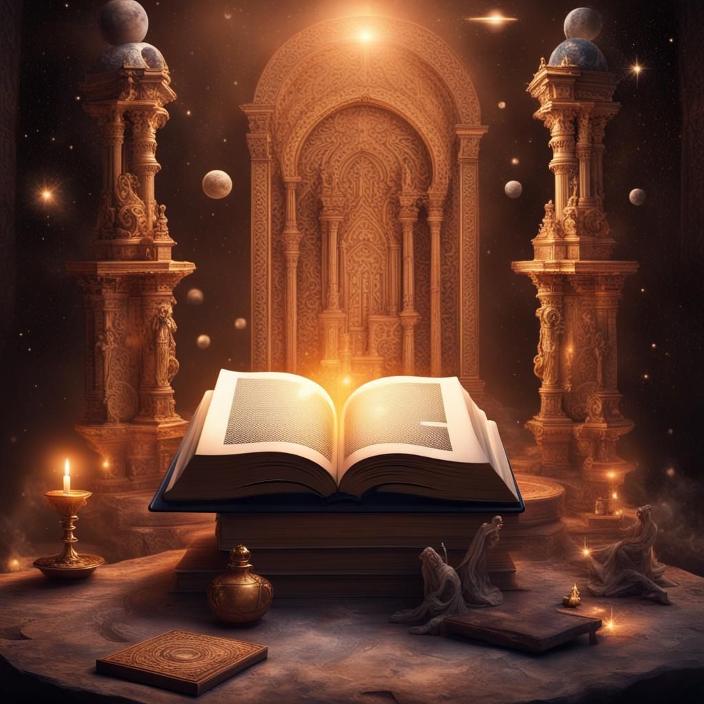 opened book on an altar, universe escape from it, mystical, epic light ...