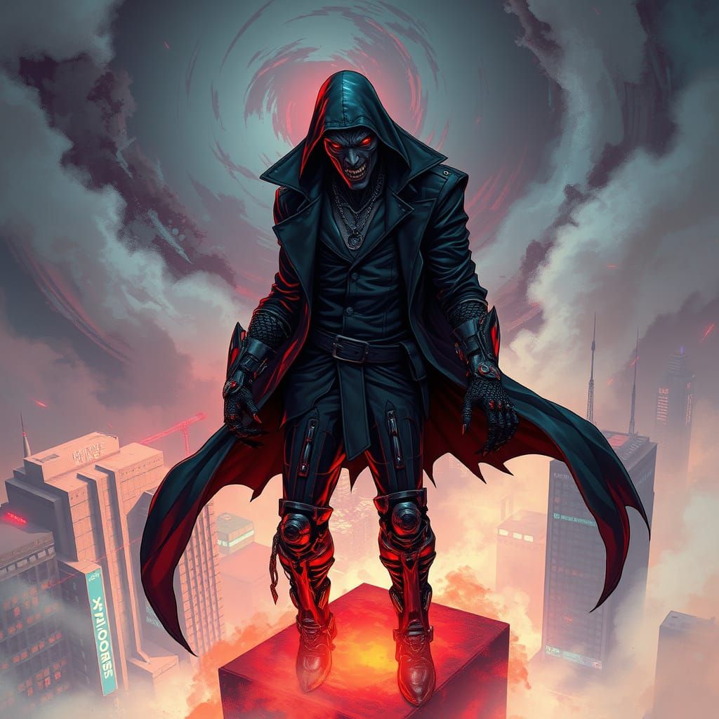 cyborg vampire anime in future city, anime style