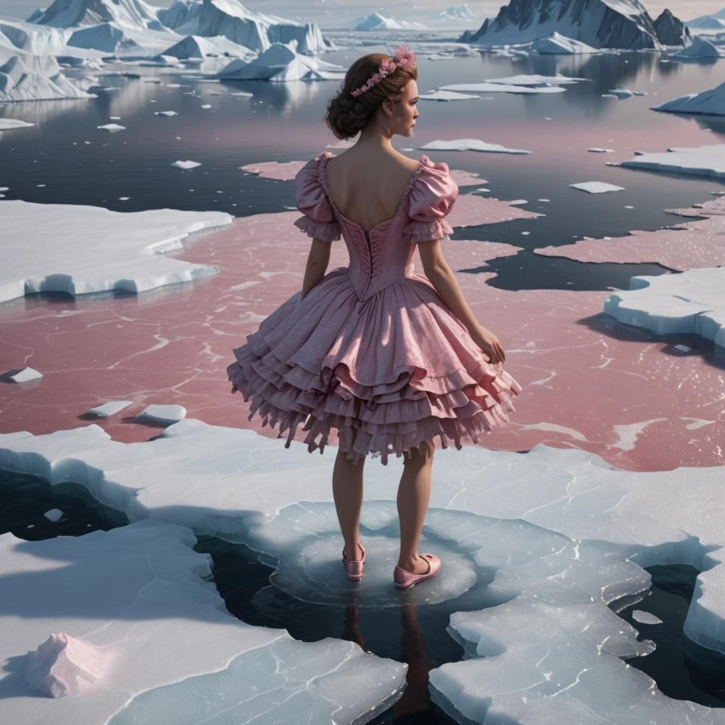 A sissy in a very short frilly pink frock stands on a sheet of ice ...