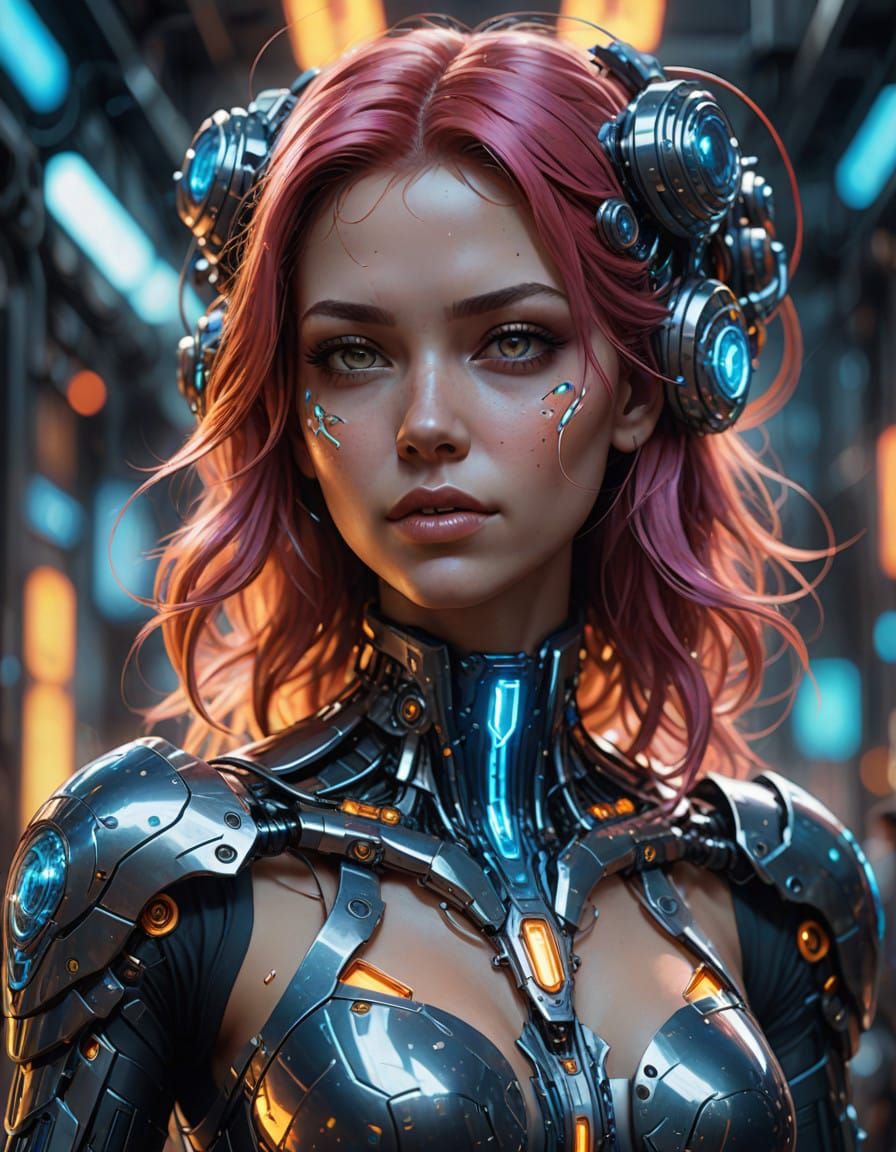Cybernetic Goddess Embracing Radiant Love in a Bio... - AI Art