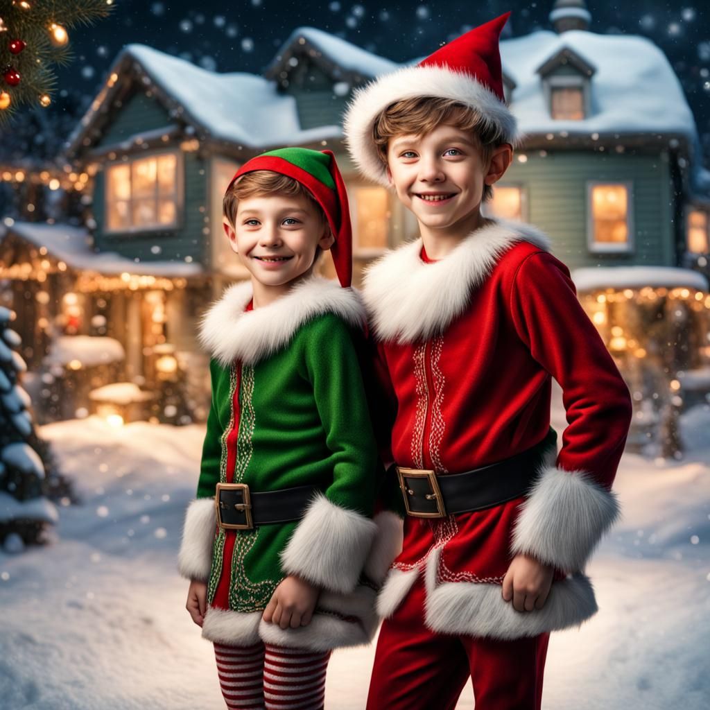 Portrait of a smiling elf boy and a happy elf girl at Christmas at the ...