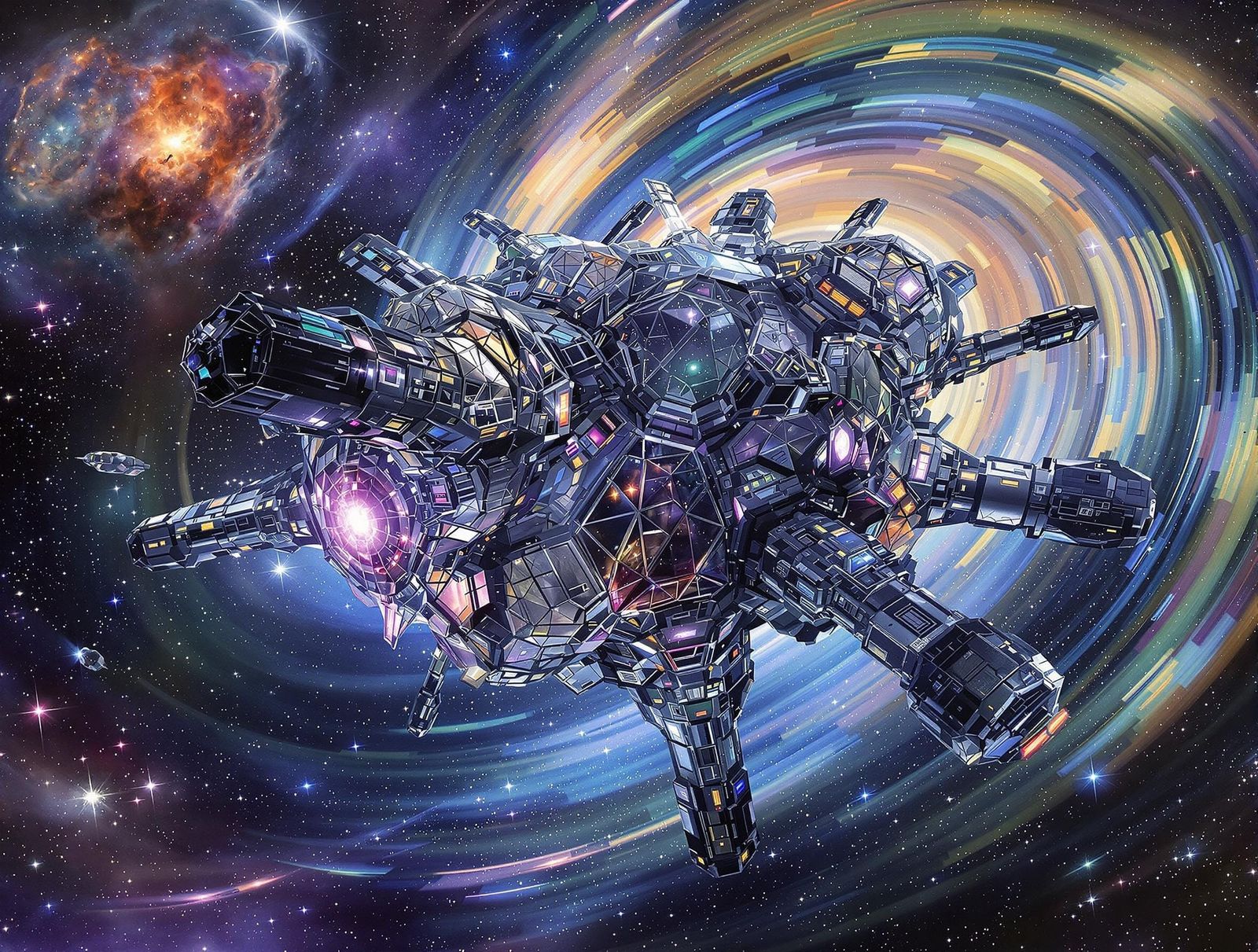 A space station, with interconnected multi-dimensional modules ...