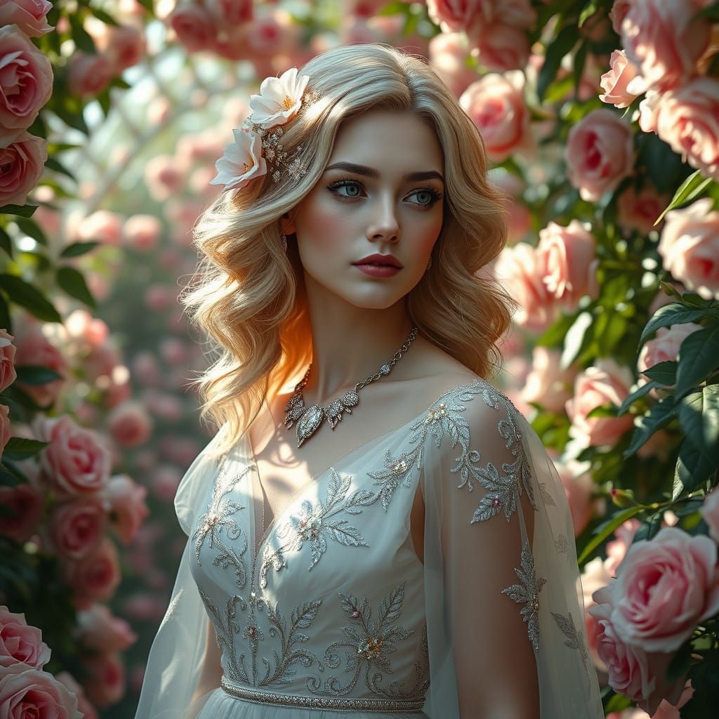 Ethereal Blonde Woman in a Lush Rose Garden with F... - AI Art