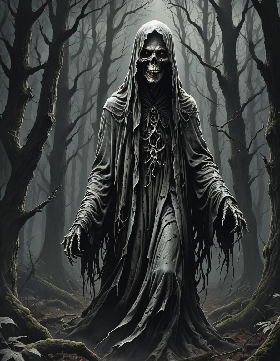 a creepy looking ghost in a dark forest, horror fantasy art, dark ...