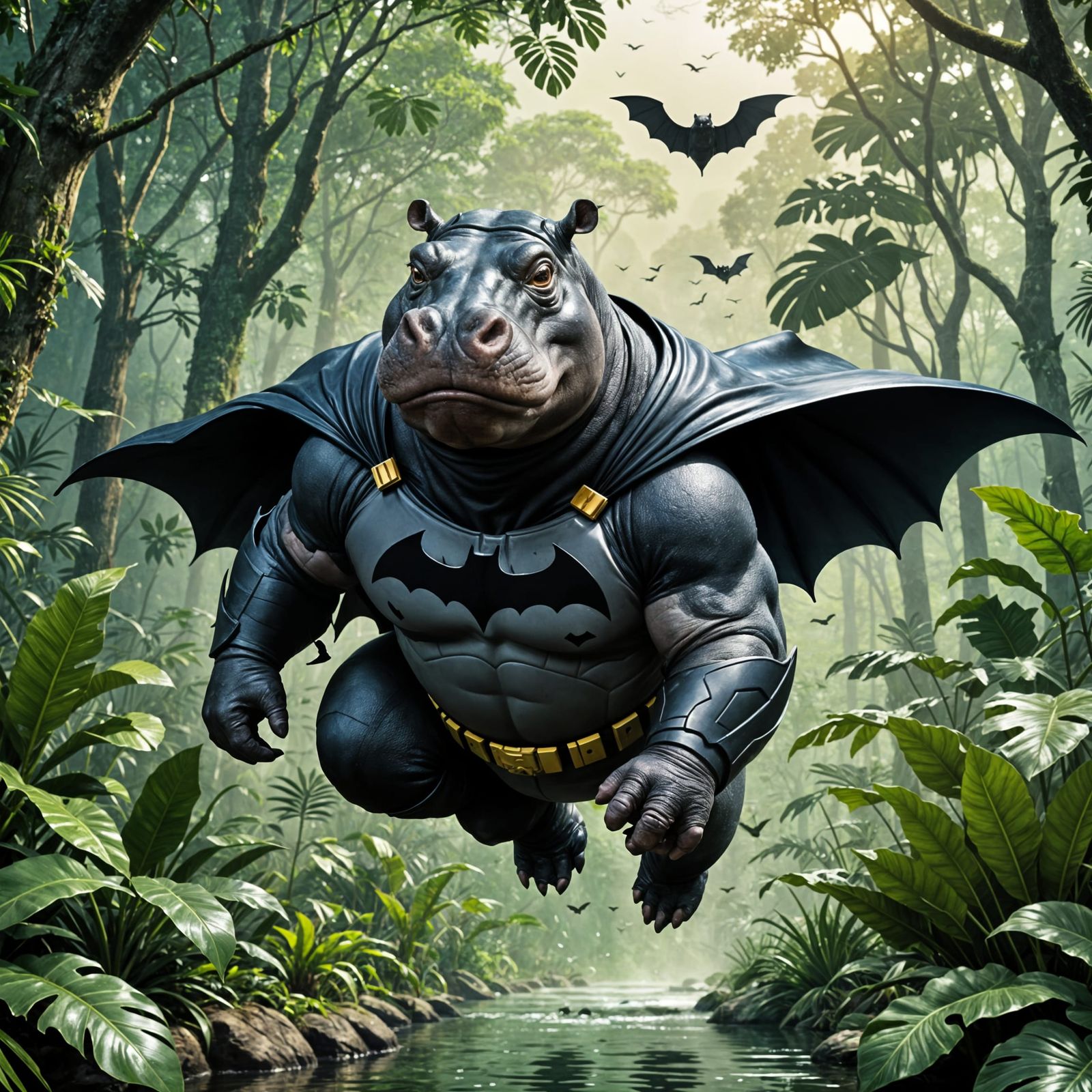 Hippo as batman - Hippo as Dark Knight Soars Over the Jungle