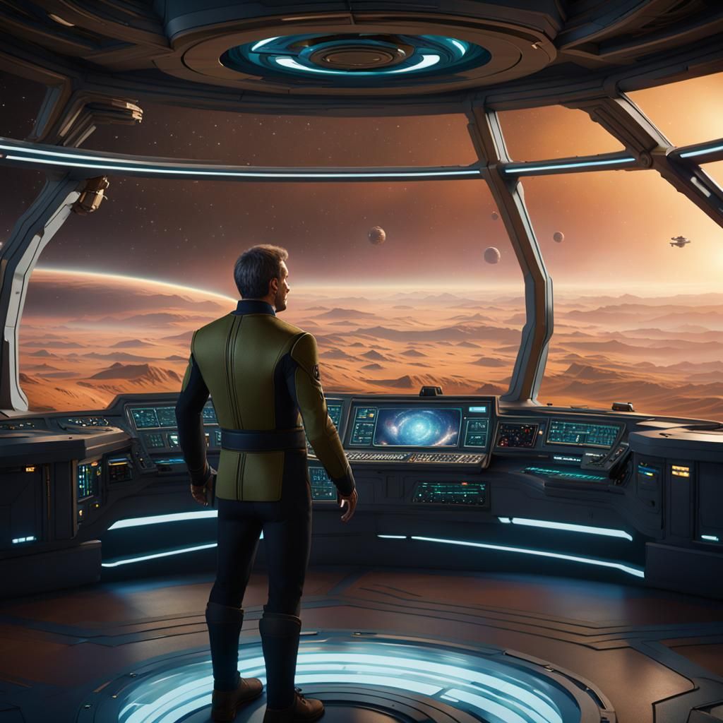 Kirk looking out the viewport at stars passing by at warp on the ...