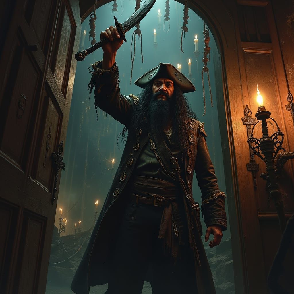 Pirate Captain Blackbeard Raises Cursed Sword in F... - AI Art