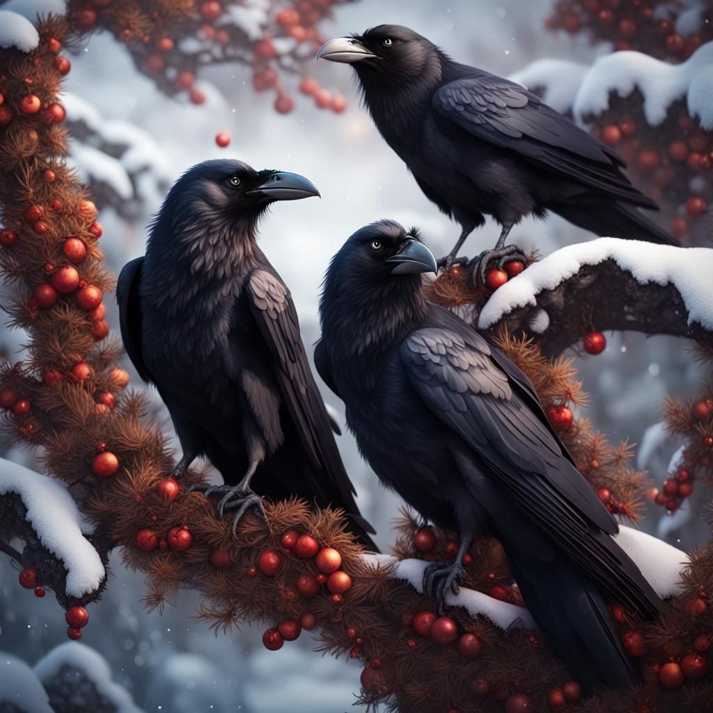 a closeup of Three Ravens looking at the camera while sitting in a yule ...