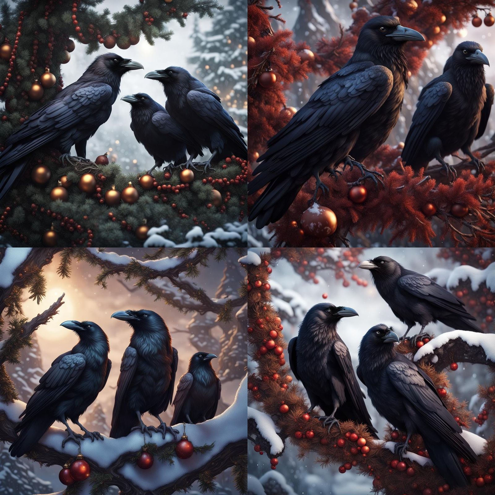 a closeup of Three Ravens looking at the camera while sitting in a yule ...