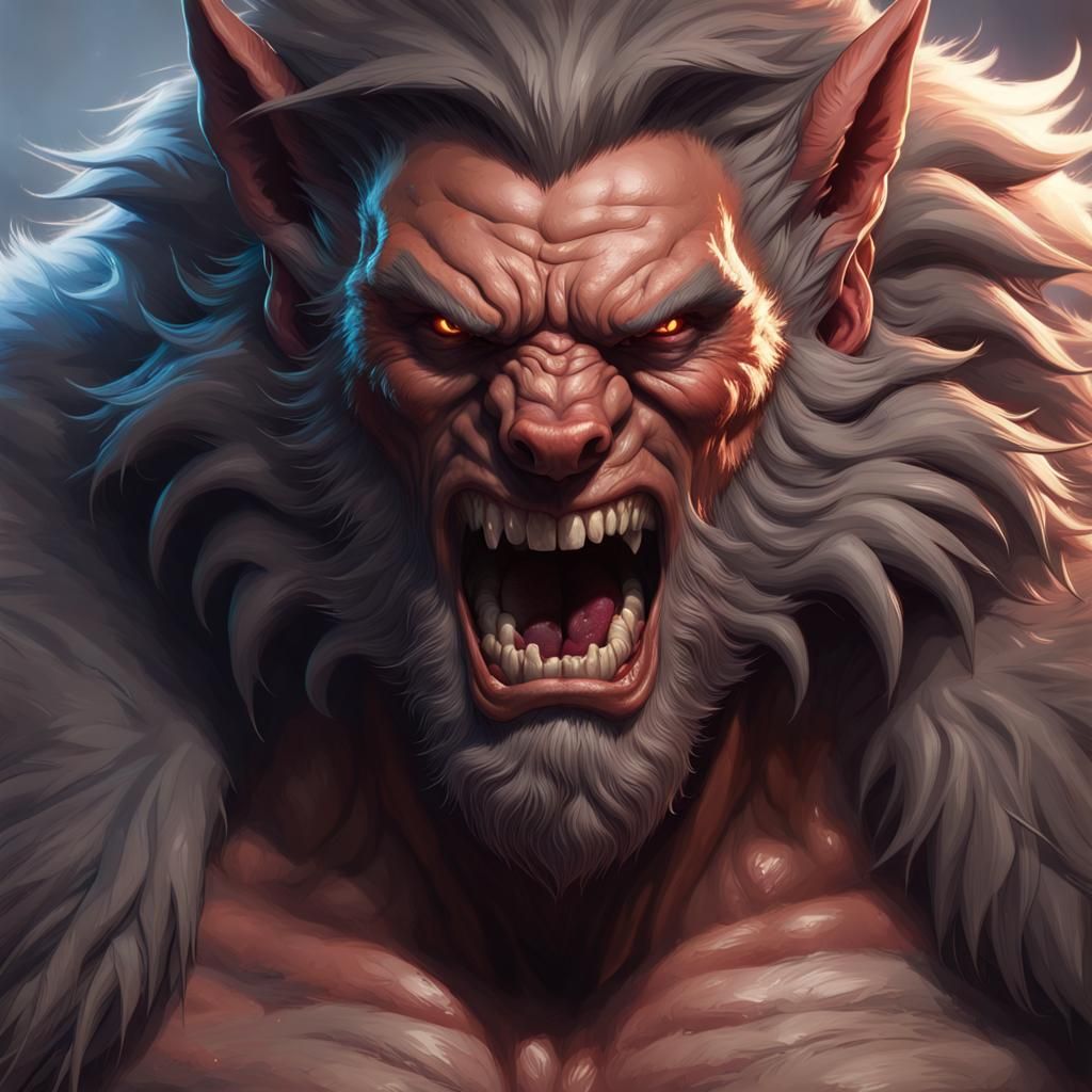 werewolf muscle man lots of fur and huge teeth - AI Generated Artwork ...