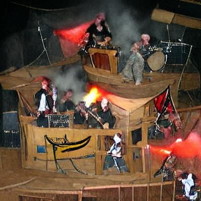 Pirate Metal band putting on a concert on a pirate ship during a battle ...