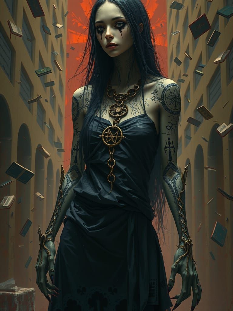 Create a digital illustration of a tall, gaunt female young figure with ...