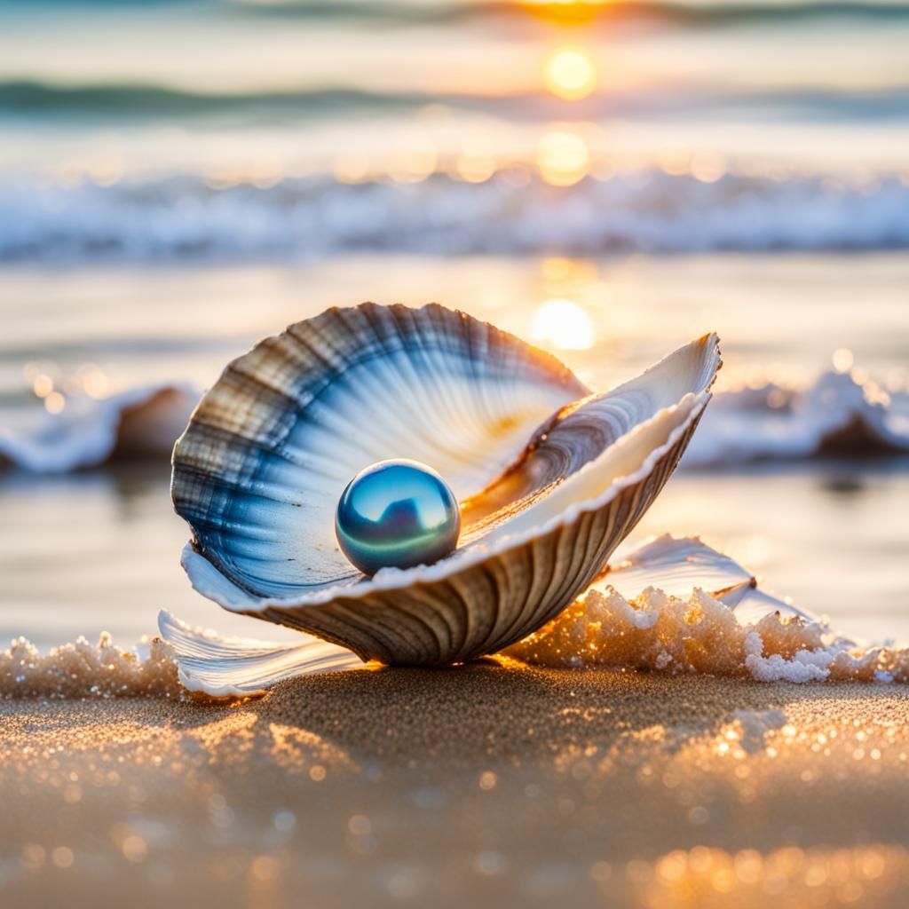open clam washed ashore on a beach, blue pearl inside the clam, waves ...
