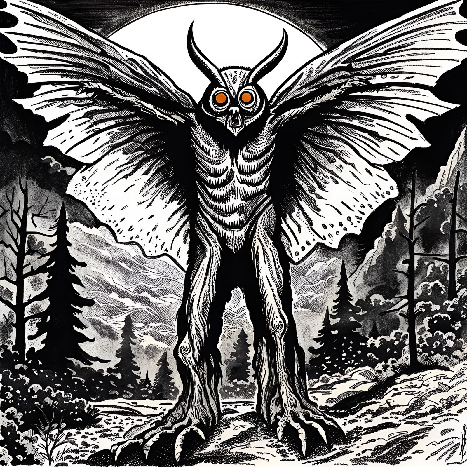 A black and white pen and ink drawing of the Mothman cryptid of West ...