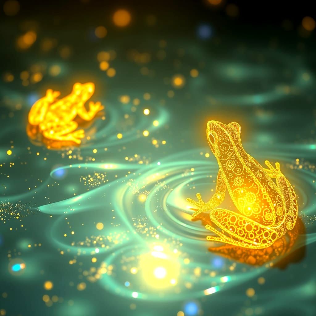 Magical frog - Golden Frogs Shine in Abstract Glowing Pond