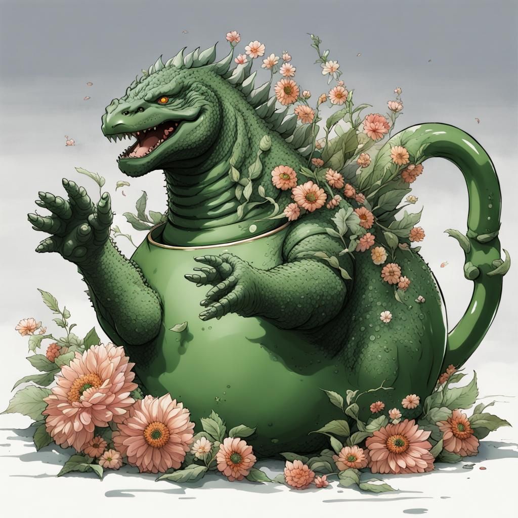 A godzilla teapot painted in green and decorated with flowers - AI ...