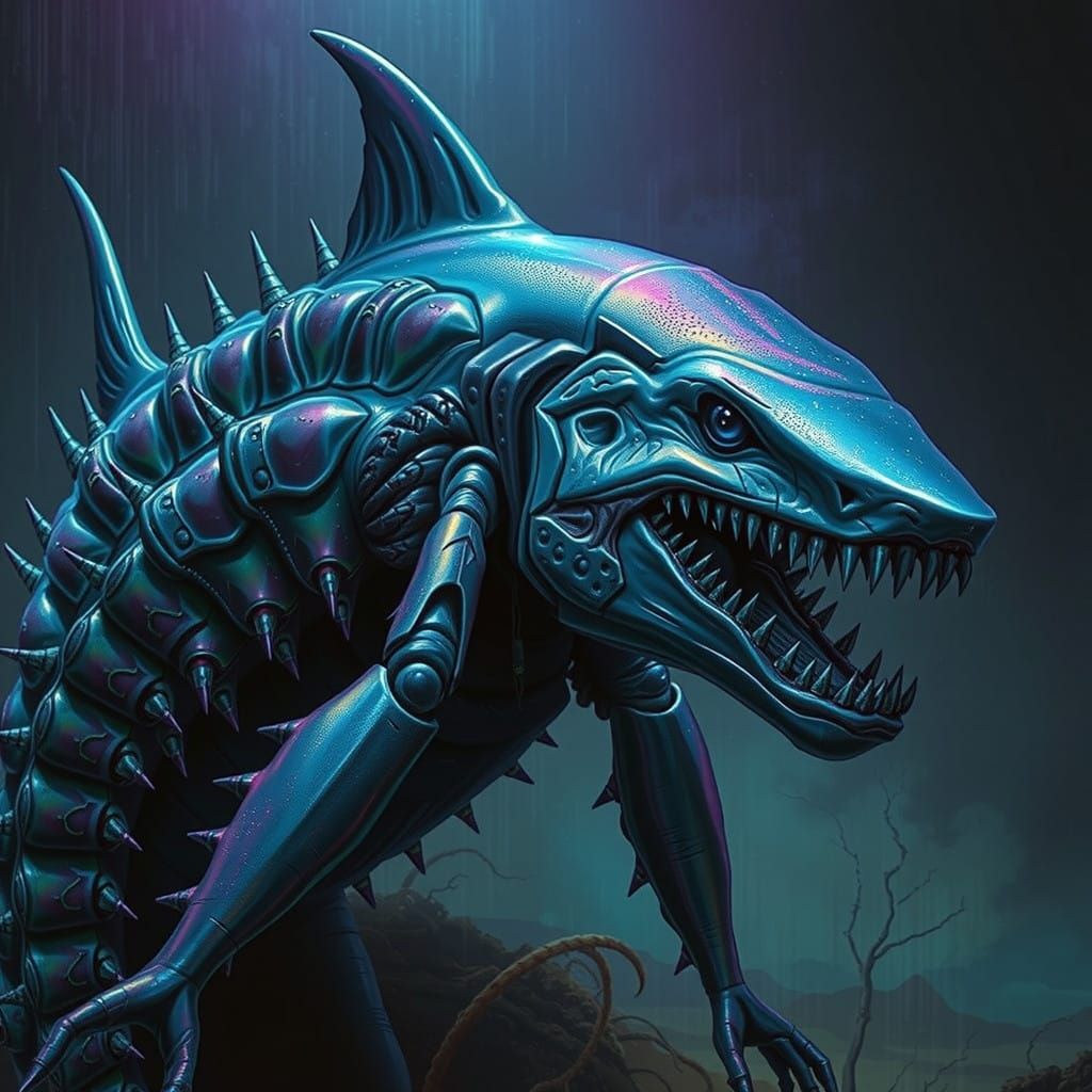 Cybernetic Alien Shark with Glowing Armor - AI Art