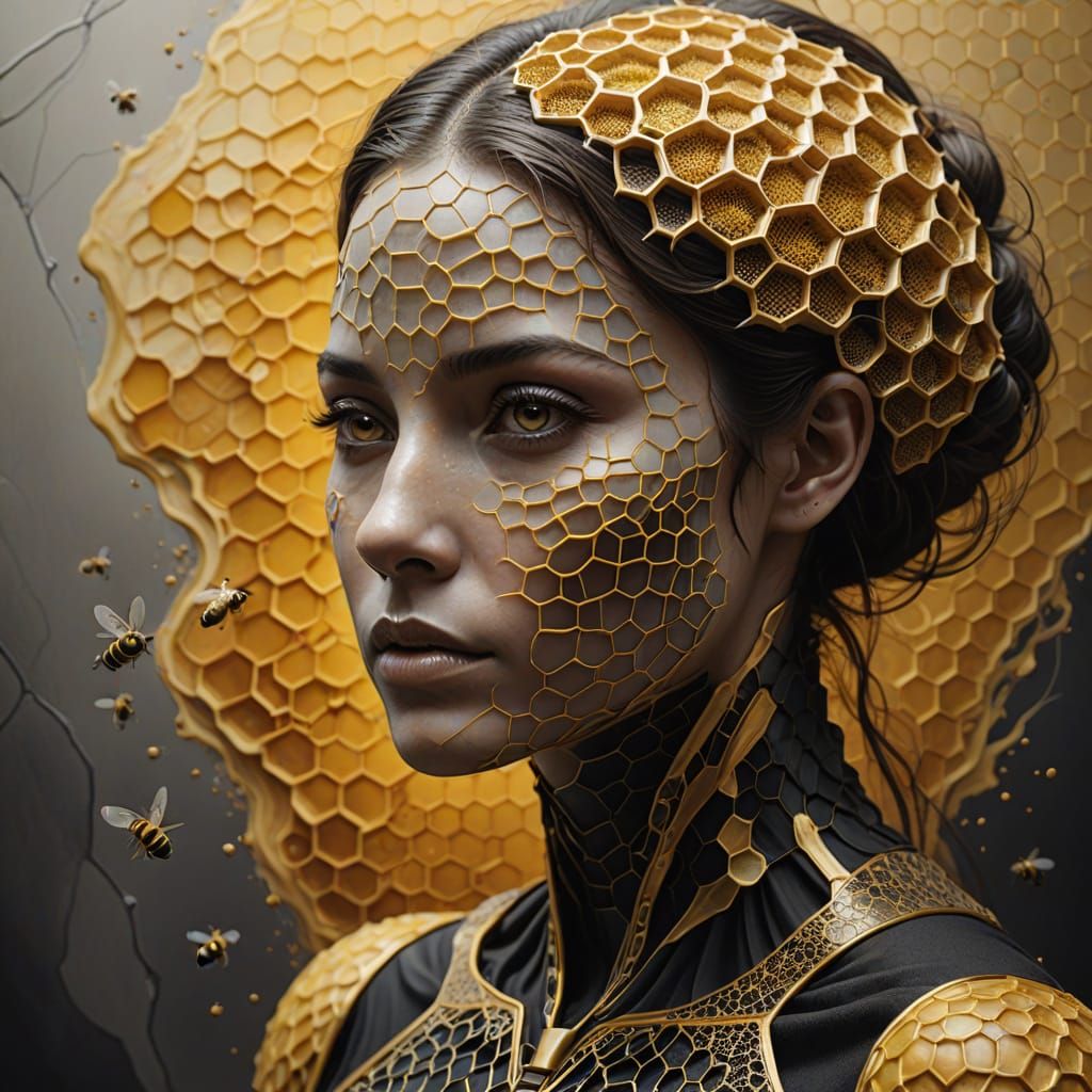 Surreal Honeycomb Portrait with Bees in Warm Golde... - AI Art
