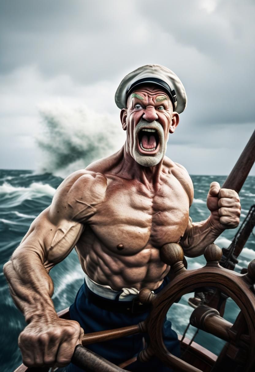 popeye the sailor man holding fast to the helm of a ship in rough seas ...