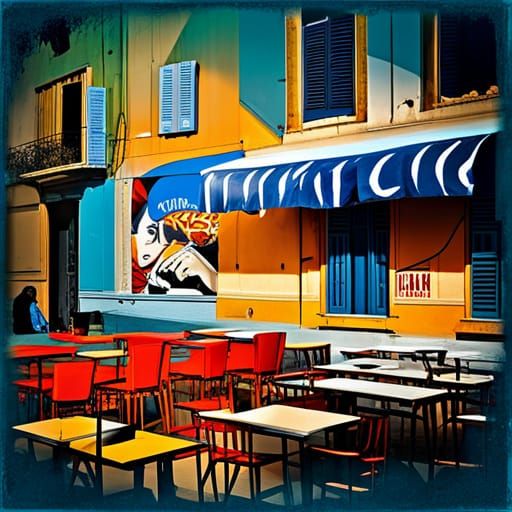 Terrasse du café le soir, Place du forum, Arles. With the text sign ...