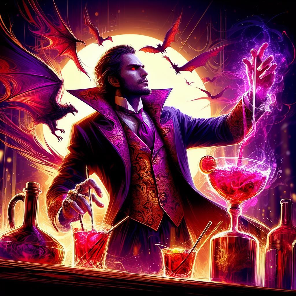 Vampire as a bartender crafting signature crimson color cocktails by DALL-E 3 - AI Generated ...