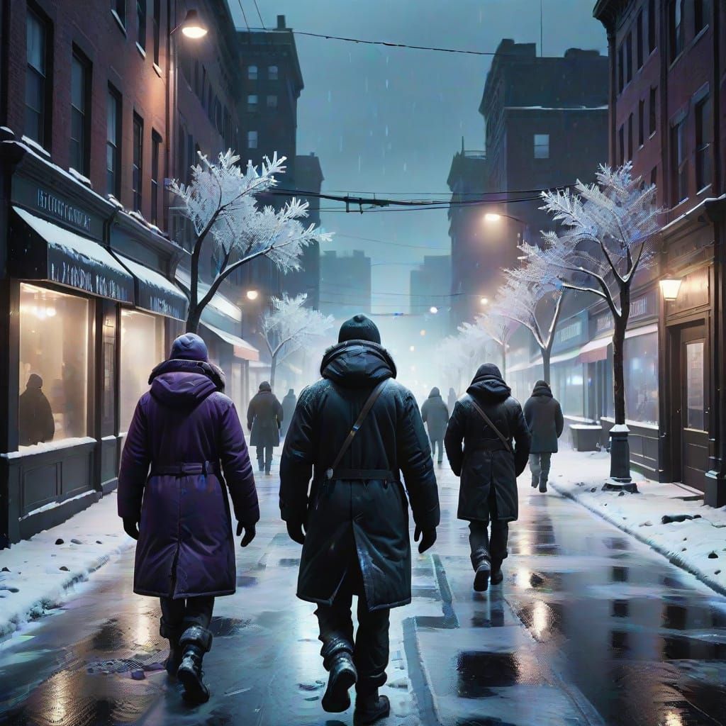 Cinematic Winter Scene: Icy Urban Landscape in Dar... - AI Art