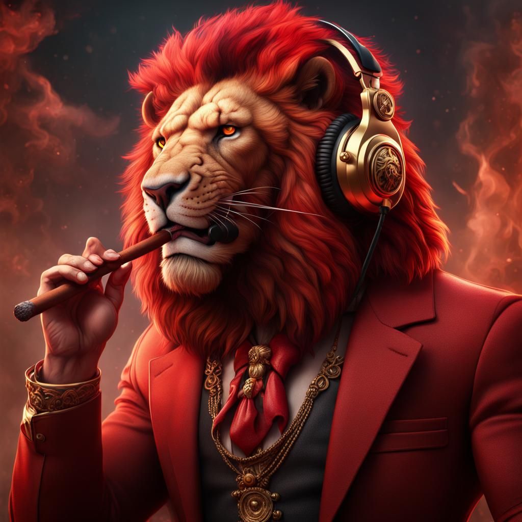 Red Roaring Lion wearing a pair of studio headphones while smoking a ...