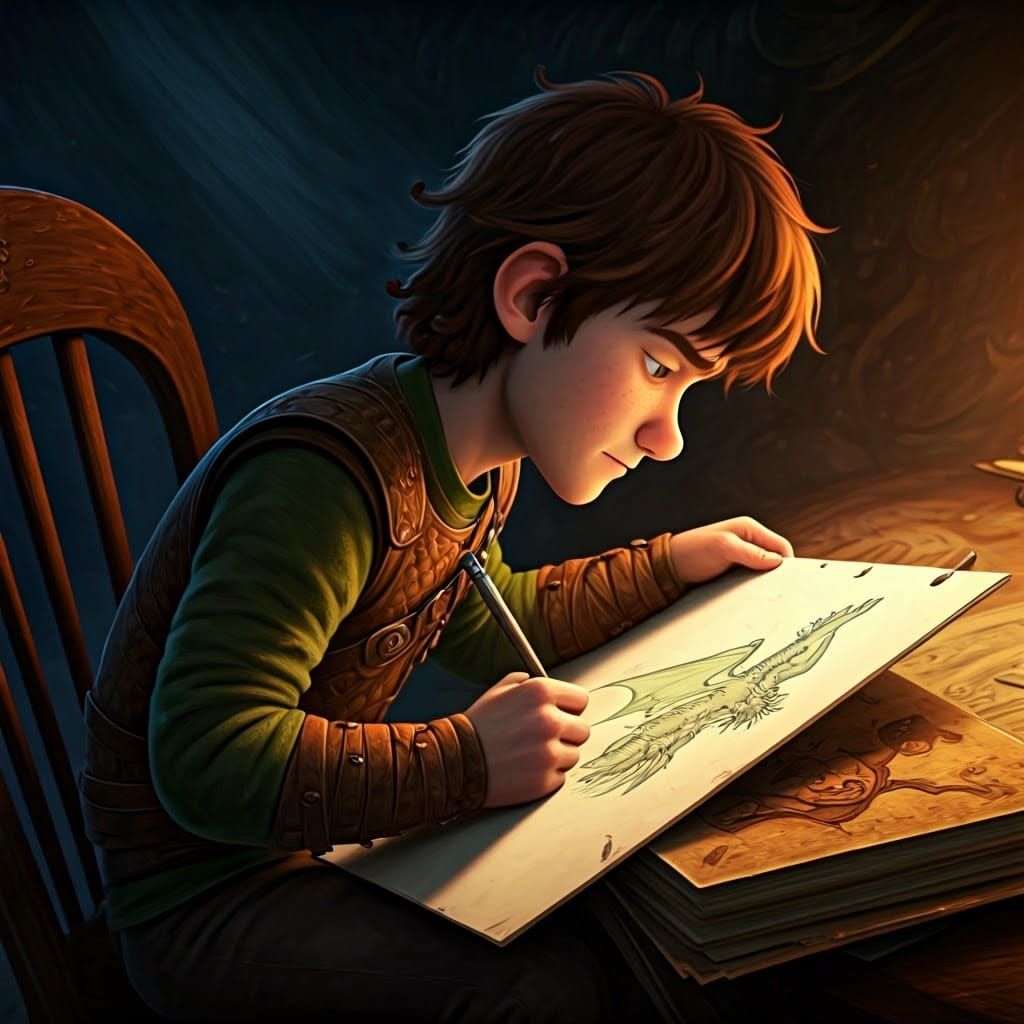 Fantastical Young Hiccup Doodle in Deep Colors - AI Art