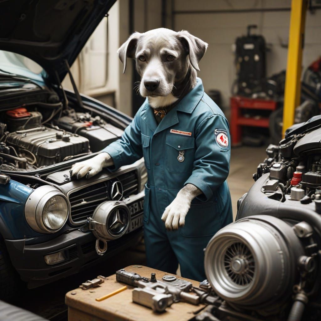 Dog Mechanic Tinkers with Mercedes Engine - AI Art