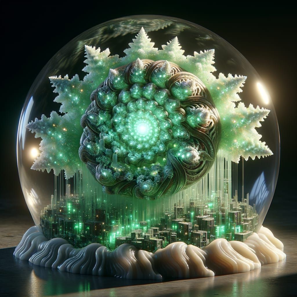 Transparent glass snail-shell filled with bioluminescent fractal plants ...