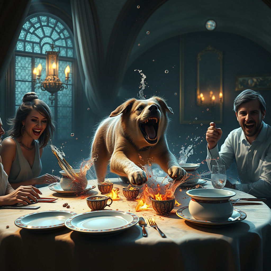 dog is crashing the dinner table - Fantastical Dinner Scene...