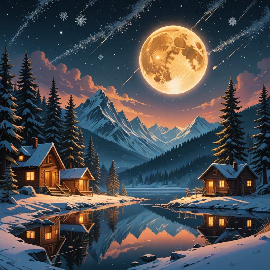 “A magical winter wonderland under a starry night sky, with golden ...