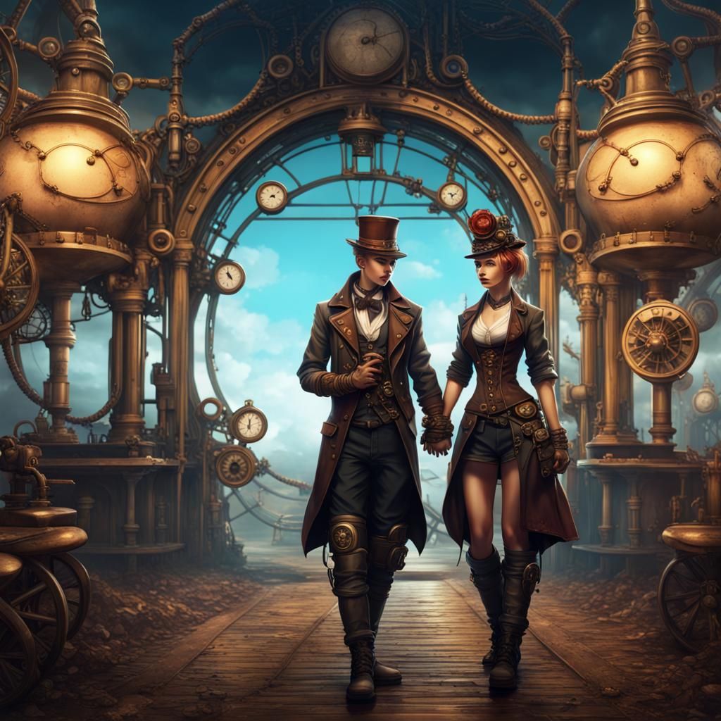 digital art, fantasy, illustration, a young couple of steampunks ...