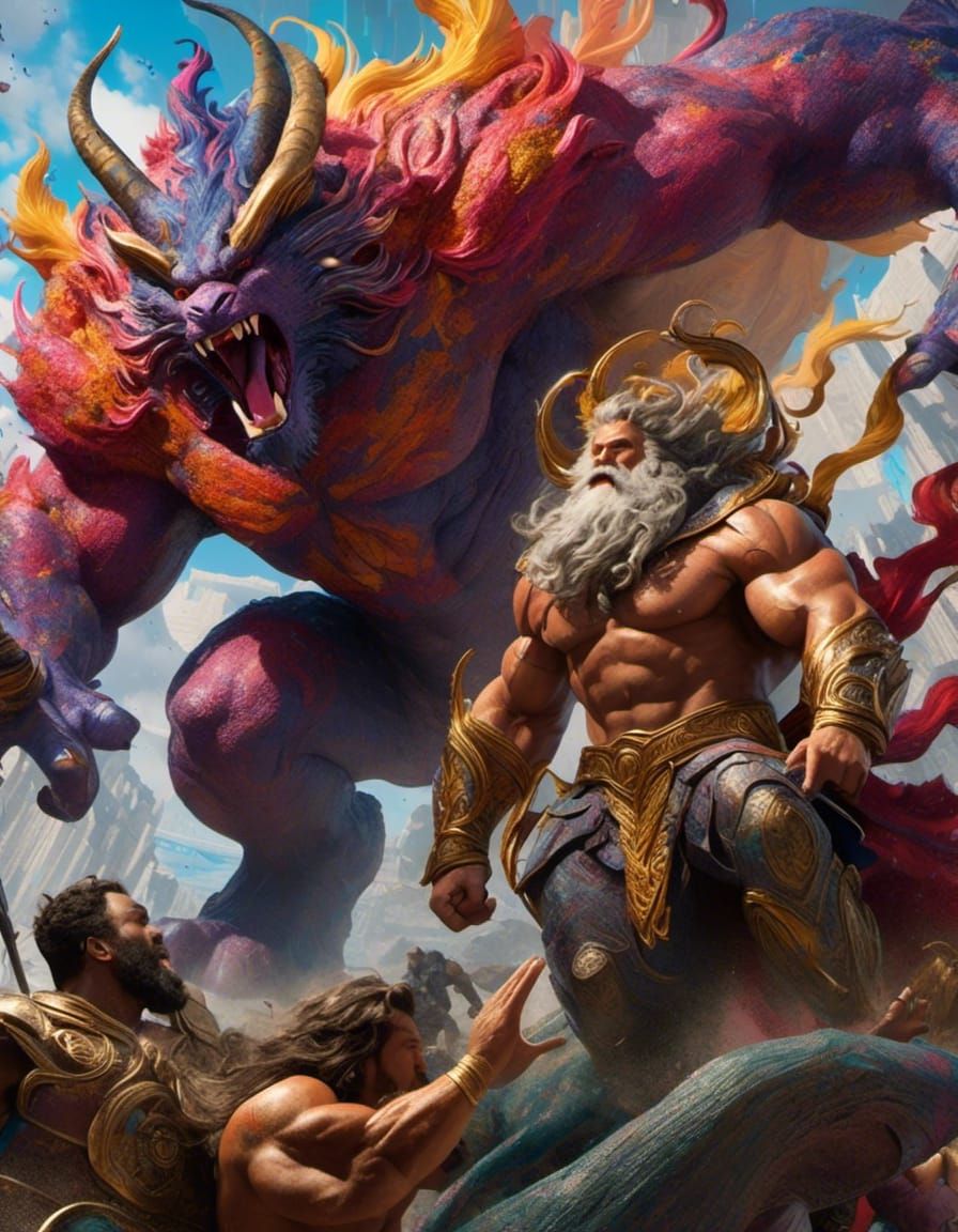 Giant beast and giant man, equal sized, fighting (created to fight ...