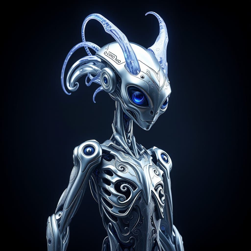 Cybernetic Alien Entity in Ethereal Metallic Armor - AI Art