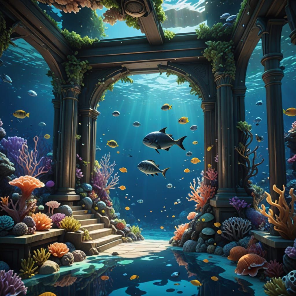 Majestic Underwater Abode in Coral Reef Style - AI Art
