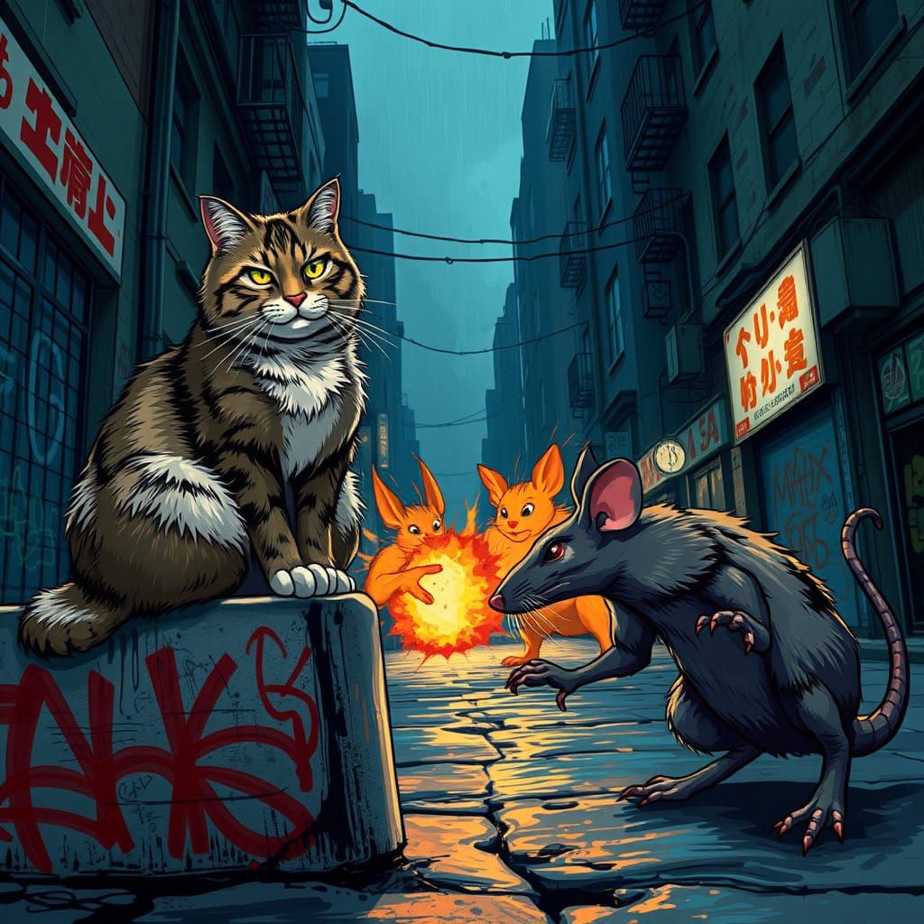 Majestic Cat Watches Epic Rat Battle in Gritty Str... - AI Art