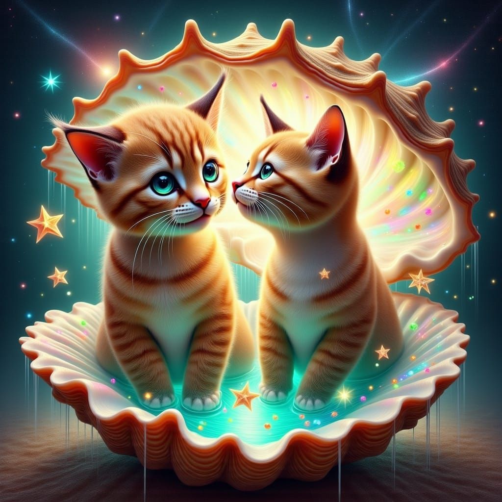 Cosmic Cats Emerge from Whimsical Seashell - AI Art
