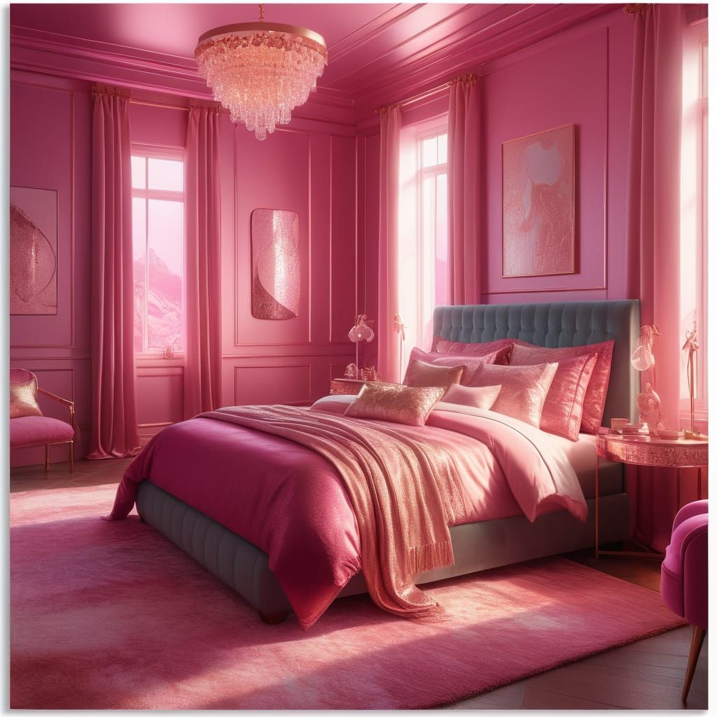 Luxurious hot pink bedroom with beautiful hot pink walls with Rose gold ...
