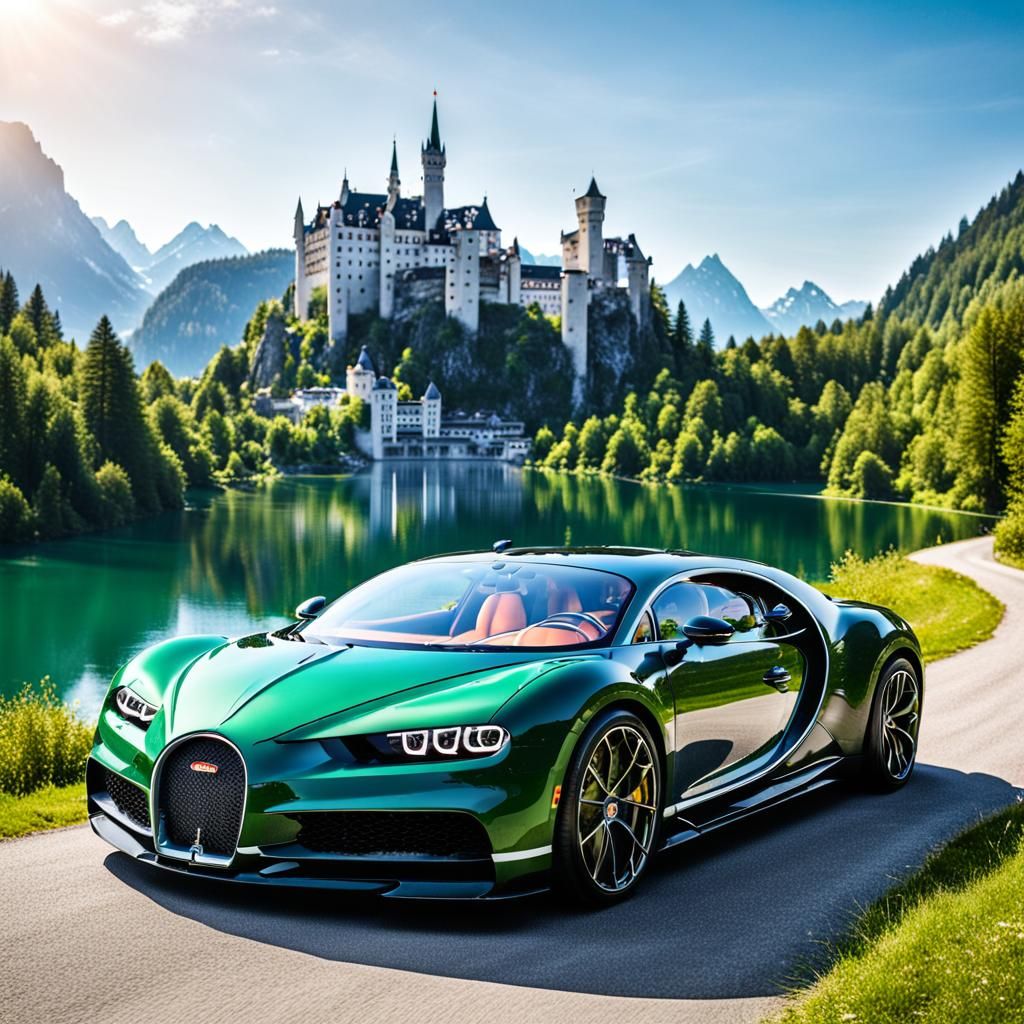 Green Bugatti chiron in bavarian alps with lake, dayview, castle ...