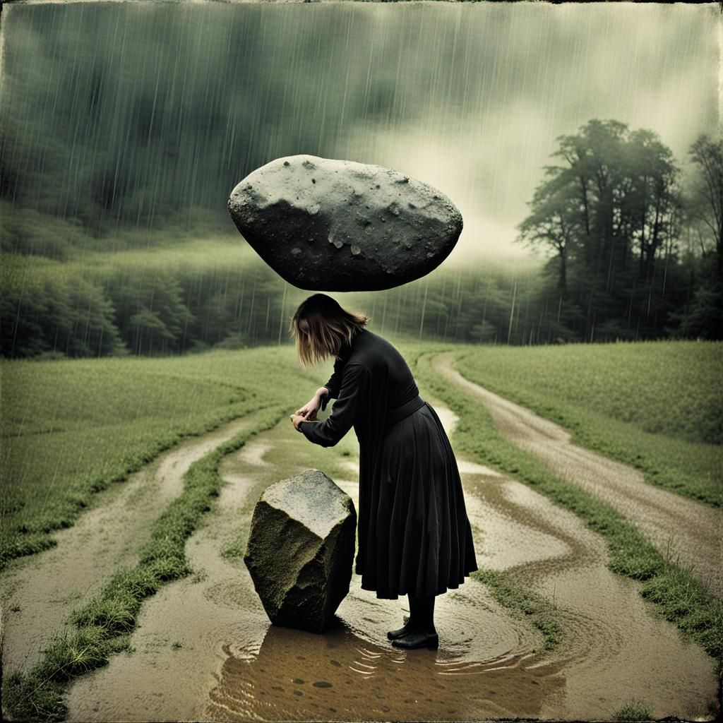 Woman carry rock in the rain - AI Generated Artwork - NightCafe Creator