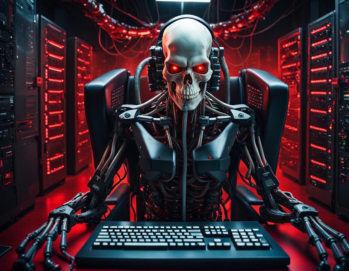 Hacker cyborg exoskeleton sitting in a cyber chair menacing red eyes ...