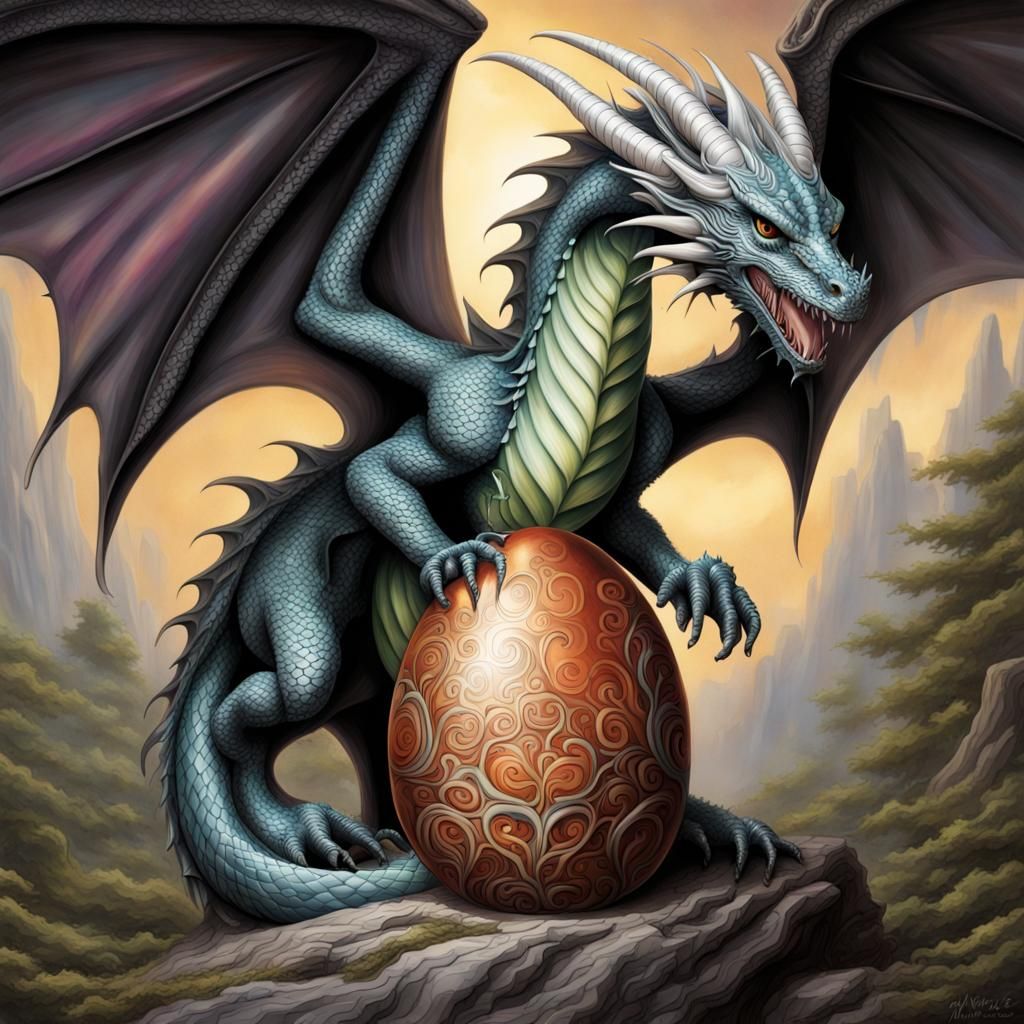 A fierce female dragon guarding its egg’s intricate detail magical ...