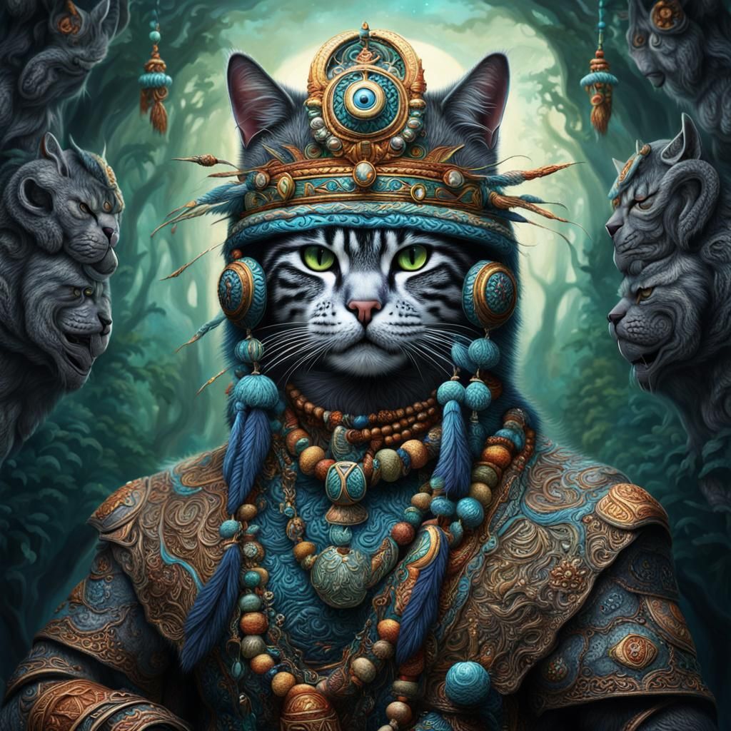 Cat shaman / surrealism magic realism deep color 3D shading ...