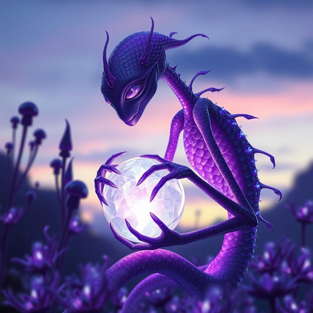 Amethyst scales shimmered under a bioluminescent twilight sky, long ...