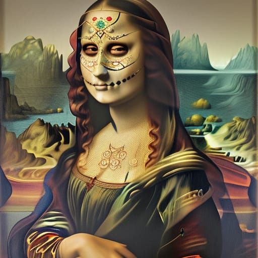 Mona Lisa Sugar Skull with flowers everywhere - AI Generated Artwork ...